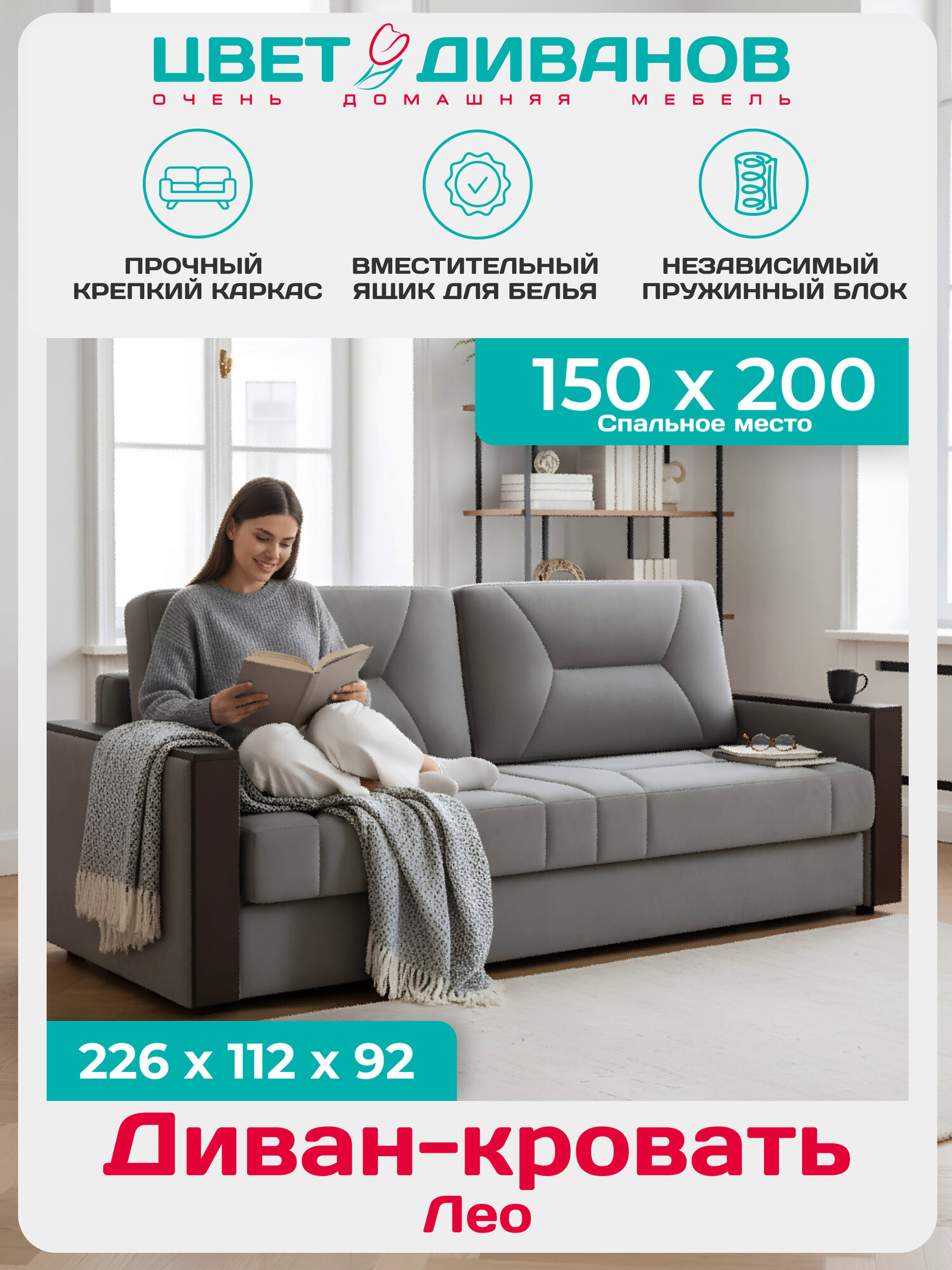 Раскладной диван-кровать прямой двуспальный в гостиную, еврокнижка Лео с ортопедическим матрасом, Цвет Диванов