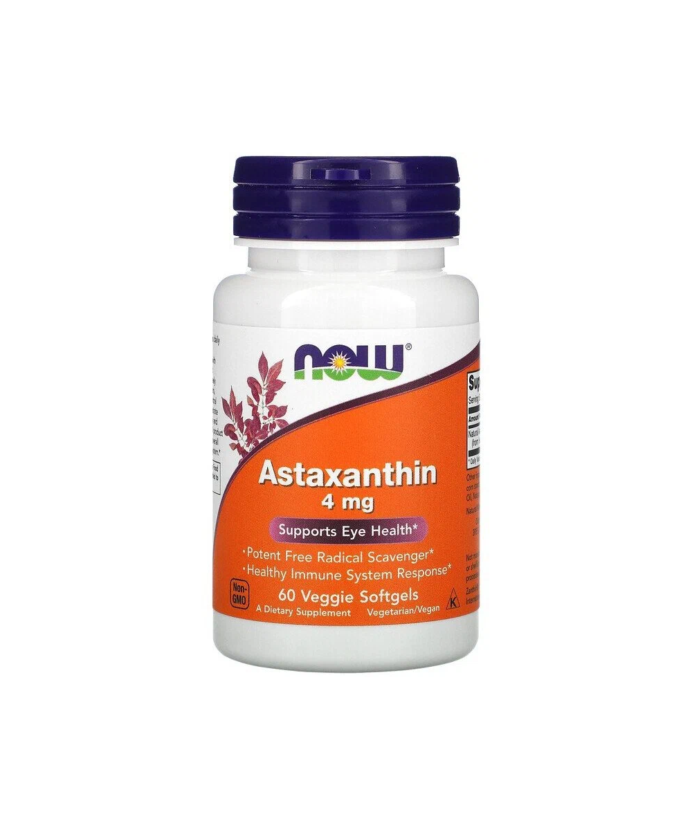Астаксантин NOW Foods Astaxanthin, антиоксидантный эффект, 4 мг, 60 капсул