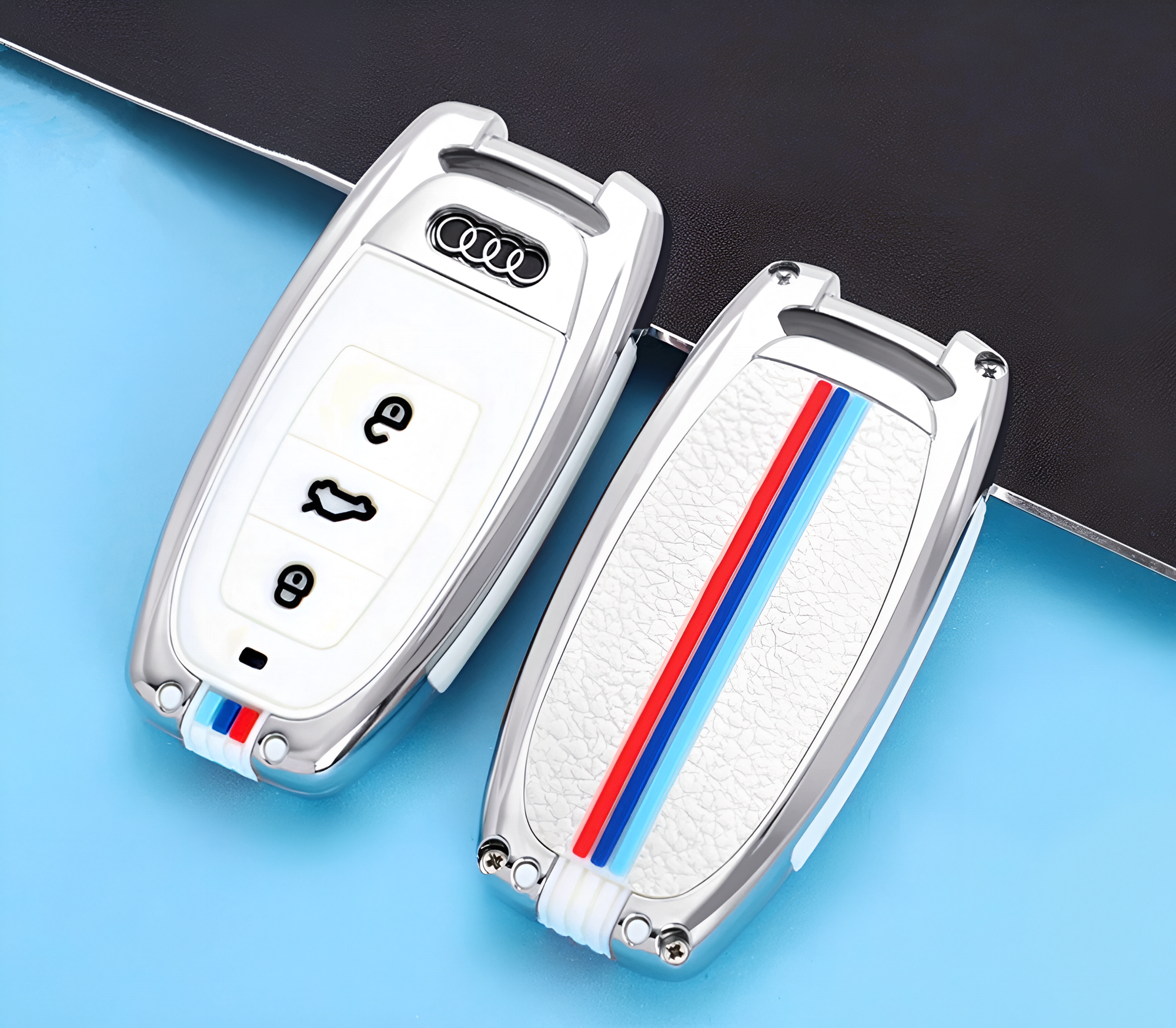 Металлический белый чехол MyPads с вырезом под логотип для авто. смарт ключа Audi Ауди А3 А4 А5 А6 А7 А8 Q3 Q5 Q7 Q8