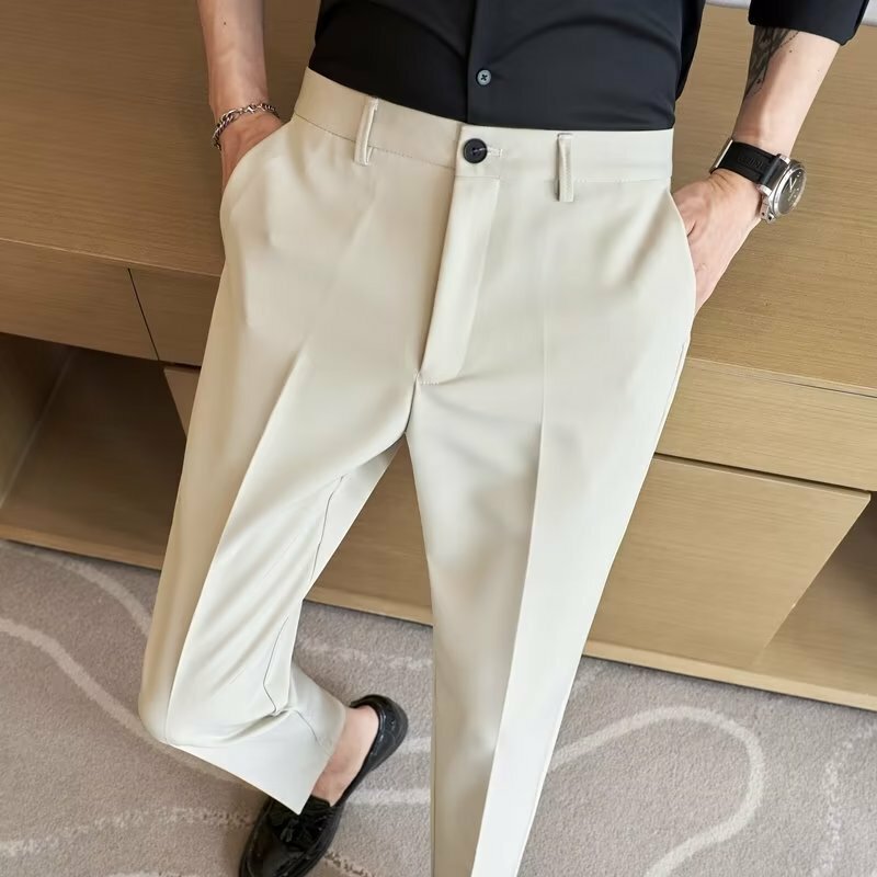 Тренд RONG CH Мужские Костюмные Брюки Кроп Слим Ледяная Шелк Деним, Размер_32