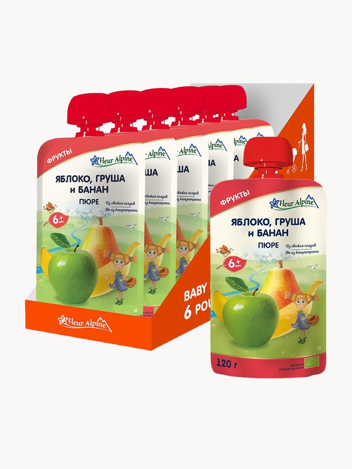 Пюре детское Fleur Alpine Яблоко, груша и банан, с 6 месяцев, 120 г, 6 шт.