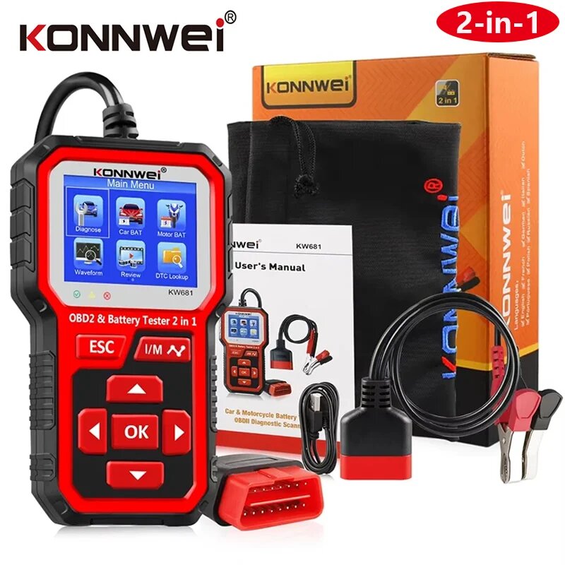 Новый профессиональный автомобильный сканер OBD2 2025 KONNWEI KW681, инструменты для автоматической диагностики 6V12V 2 в 1, инструменты для тестера аккумуляторов OBD2 для автомобилей и мотоциклов