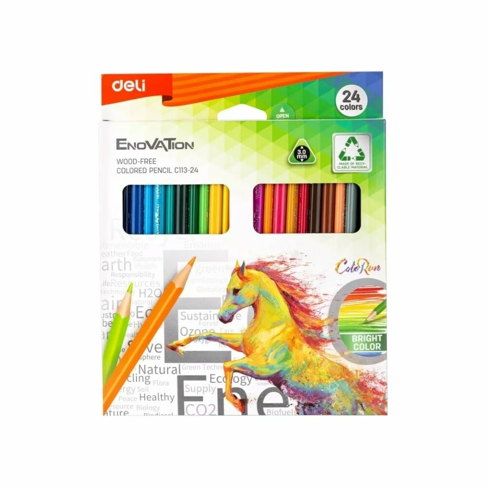 Цветные карандаши DELI Enovation EC113-24 трехгранные пластик 24 цвета коробка/европодвес 24 шт, 12 упак 1504248