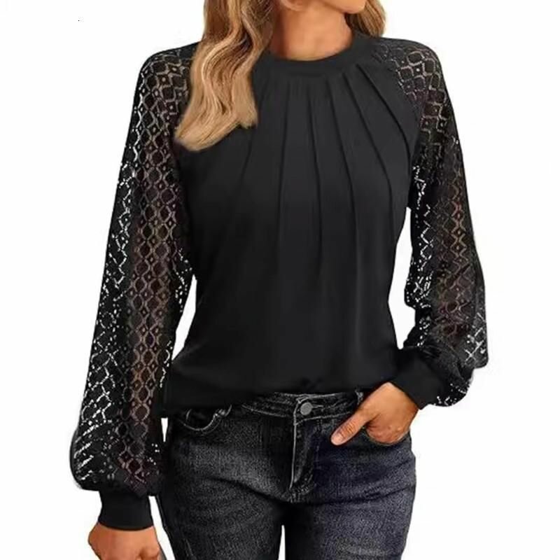 Стильная блузка с длинными рукавами из кружева для комфорта и стиля, Черный - XL