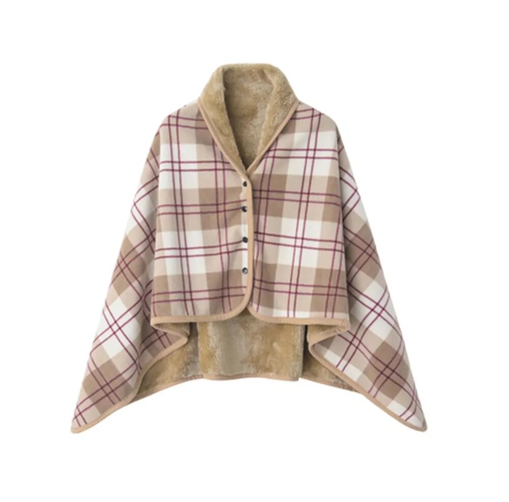 Плед пончо с капюшоном, 130х80 см, бежевый в клетку, полиэфирное волокно