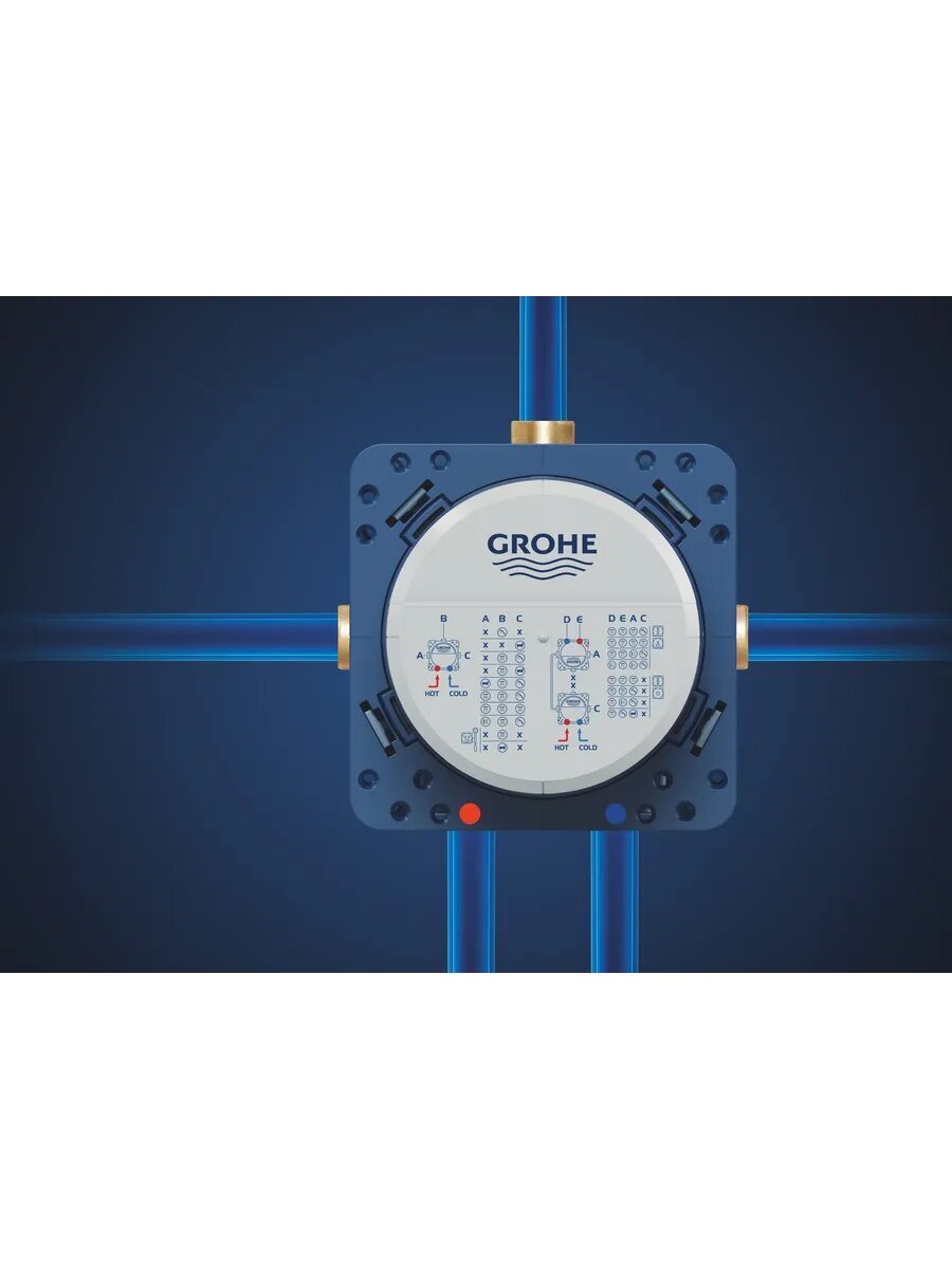 Скрытая часть смесителя и смеситель и термостат и вентиль и ручка смесителя и картридж и лейка и переключатель Grohe Rapido SmartBox 35600000 синий