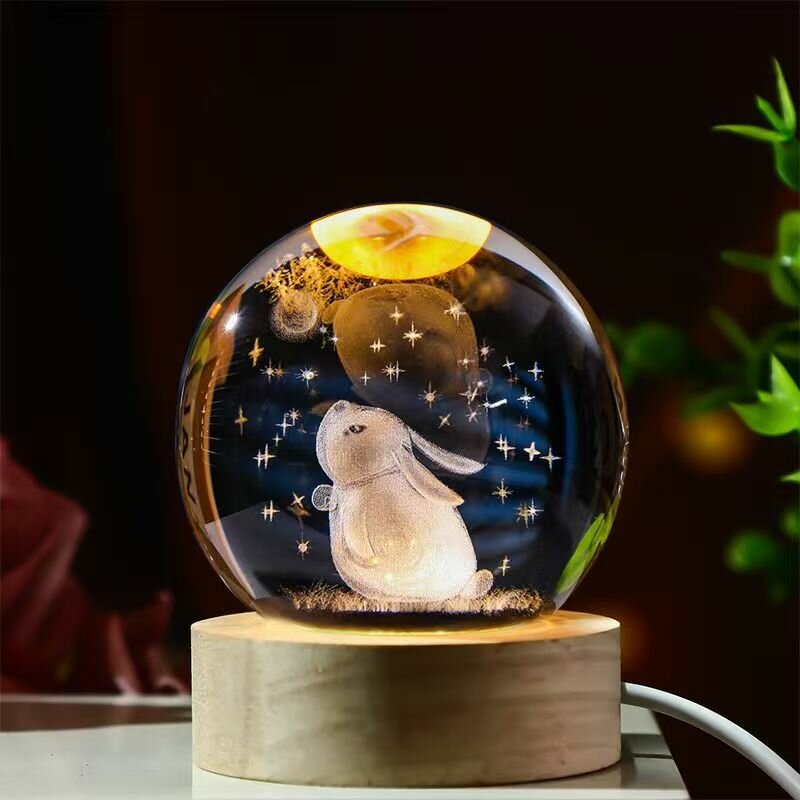 Ночной светильник-статуэтка «Лунный кролик» из хрусталя (6 см, тёплый свет) / Светящийся хрустальный шар