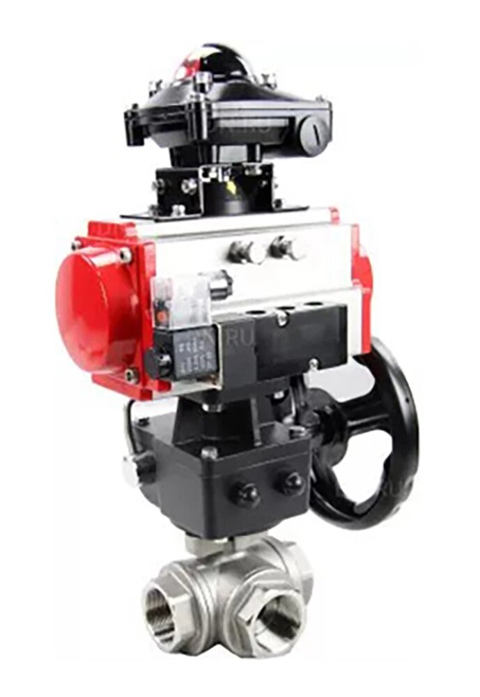 Кран шаровой DN.ru RP. SS316.200. MM 1/2" Ду15 Ру63 стандартнопроходной трехходовой L-тип, нержавеющая сталь SS316, внутренняя резьба, PTFE, с пн. приводом DA-052 пн. распределителем PND2-S1EM-52-1NC-J08-220VAC редуктором HDM-1 БКВ LSB-510-02ExM12-250