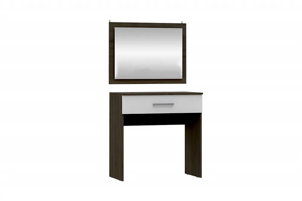 Туалетный стол с зеркалом, 1 ящик, трюмо, столик в ванную, спальню, Мартина, 80х81.6х43 см, ЛДСП, Венге / Белый глянец