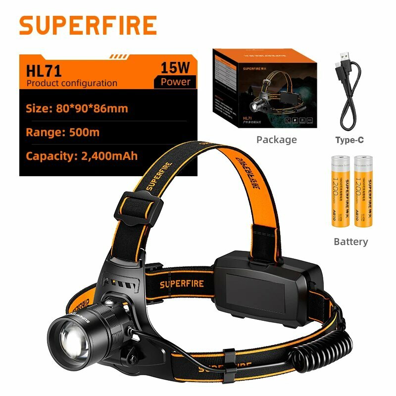 Налобный фонарь SUPERFIRE, фонарь для рыбалки с датчиком, водонепроницаемый, супер яркий, для кемпинга, яркий, аккумулятор большой емкости