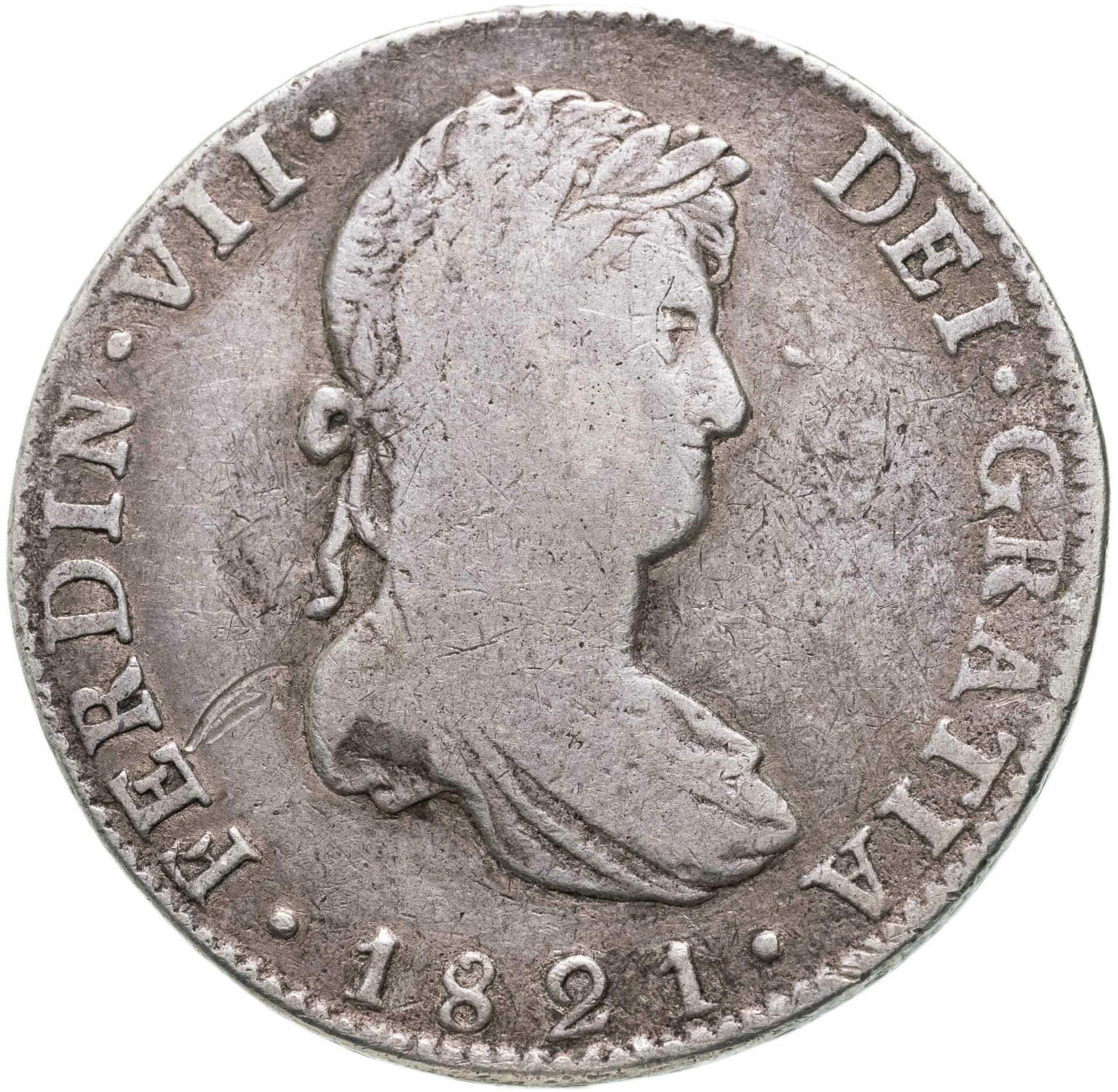 Мексика 8 реалов 1821, Серебро 903, в сохранности F-VF