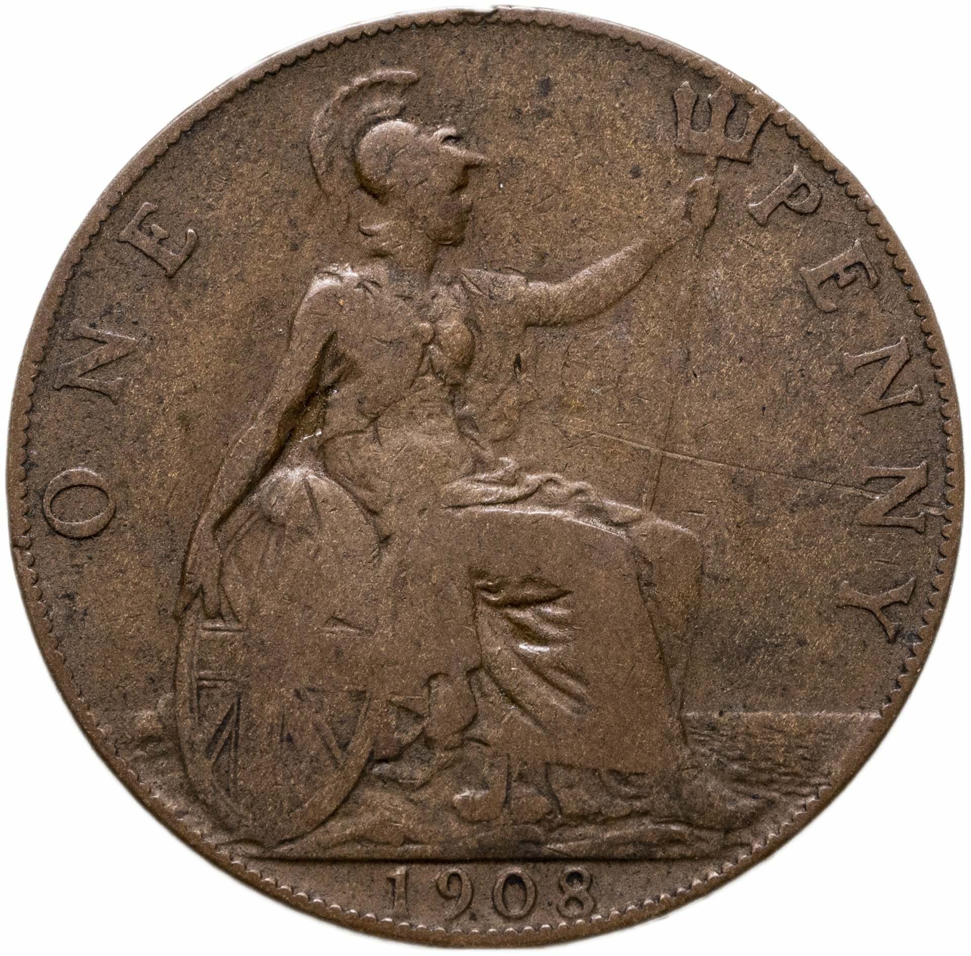 Великобритания 1 пенни penny 1908, Бронза, в сохранности F