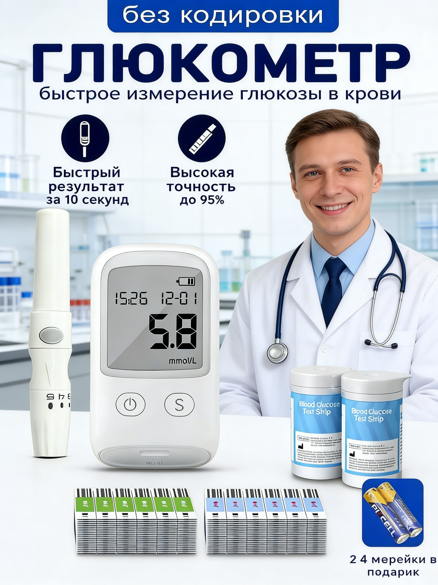 Глюкометр + 50 тест-полосок + ланцетов в наборе, измеритель сахара в крови, мониторинг глюкозы при сахарном диабете