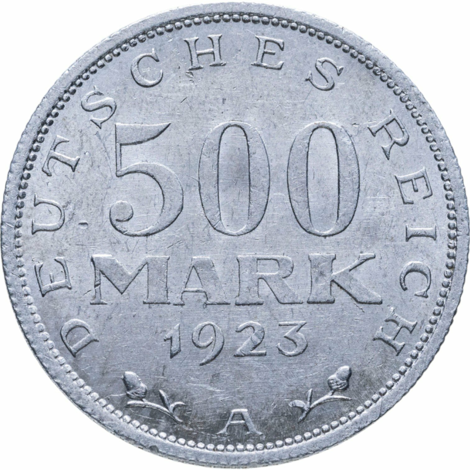 Германия 500 марок mark 1923, знак монетного двора "A" — Берлин, Алюминий, в сохранности UNC