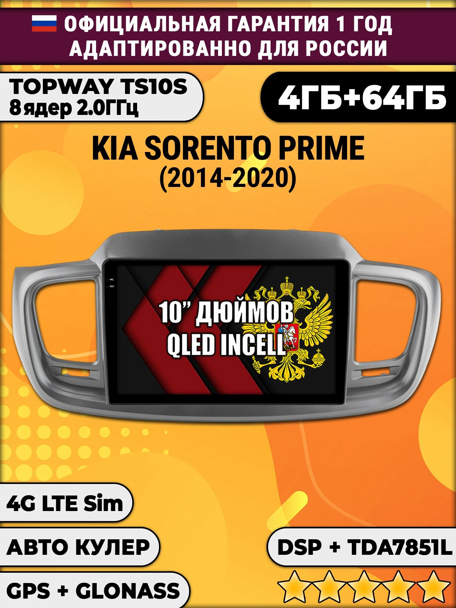TS10S 8 ядер, 4гб+64гб для KIA SORENTO PRIME (2014-2020), Android магнитола