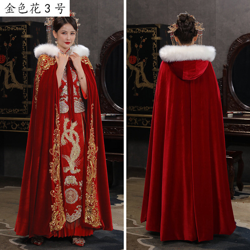 В наличии костюм Ханфу Сюхэ, утолщенный национальный стиль, красный китайский стиль, накидка с меховым воротником, свадебный шаль для невесты, зимний теплый