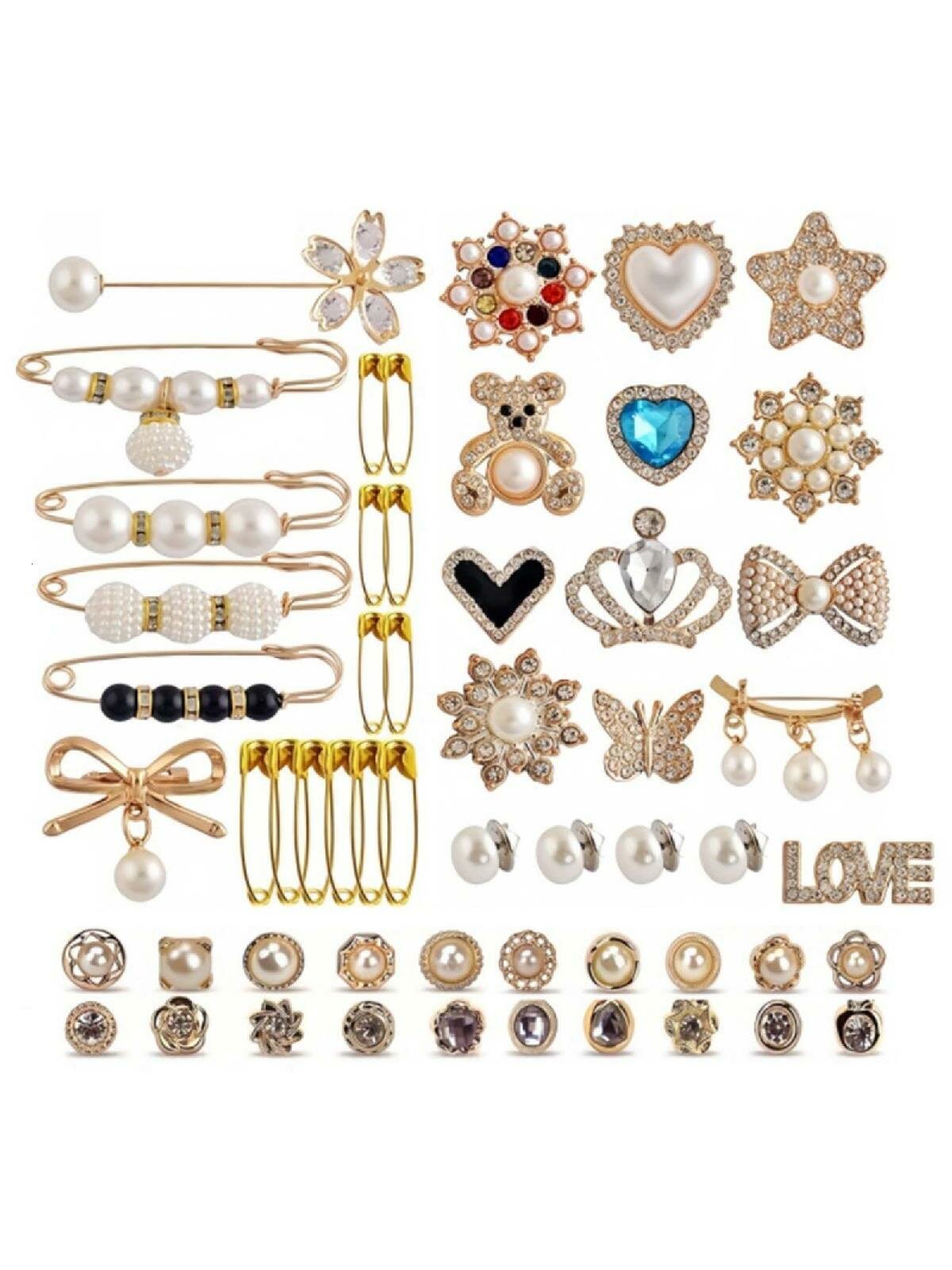 Брошка-булавка для носков, свитеров, шарфов, 55 шт, искусственный жемчуг, стразы