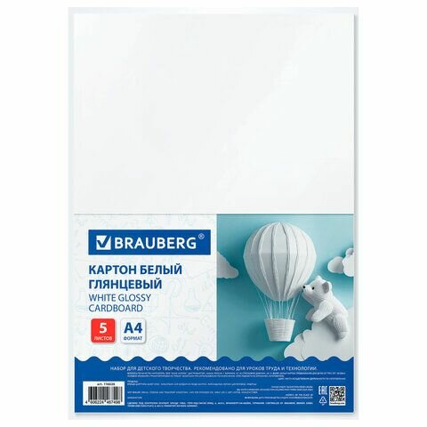 40 шт. Картон белый А4 мелованный (белый оборот) 5 листов, BRAUBERG, 200х290 мм, 116626