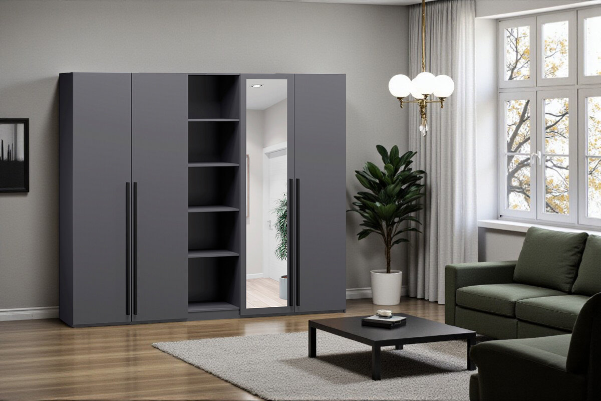 Распашной четырехсекционный шкаф Лорена Пакс-2.2 со стеллажом Серый Графит 162 PE NOW 200x50x210 см, Дом мебели для вас