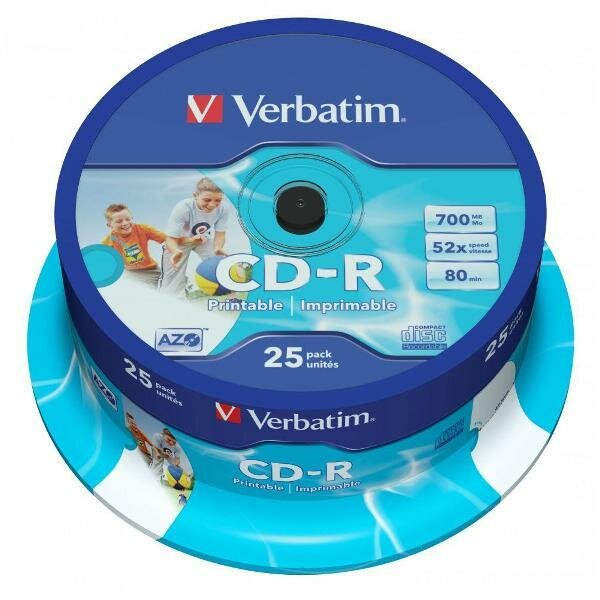 Диск CD-R Verbatim 700 МБ 52X AZO Printable, 25 шт. шпиндель