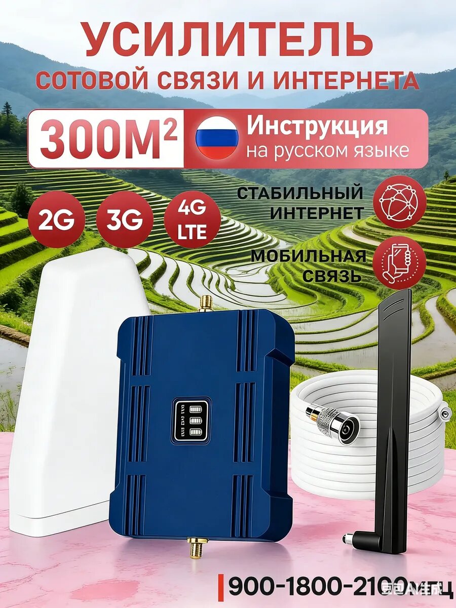 Усилитель сотовой связи 900/1800/2100 МГц (2G/3G/4G): до 70 км, направленный, синий, 1.3 кг