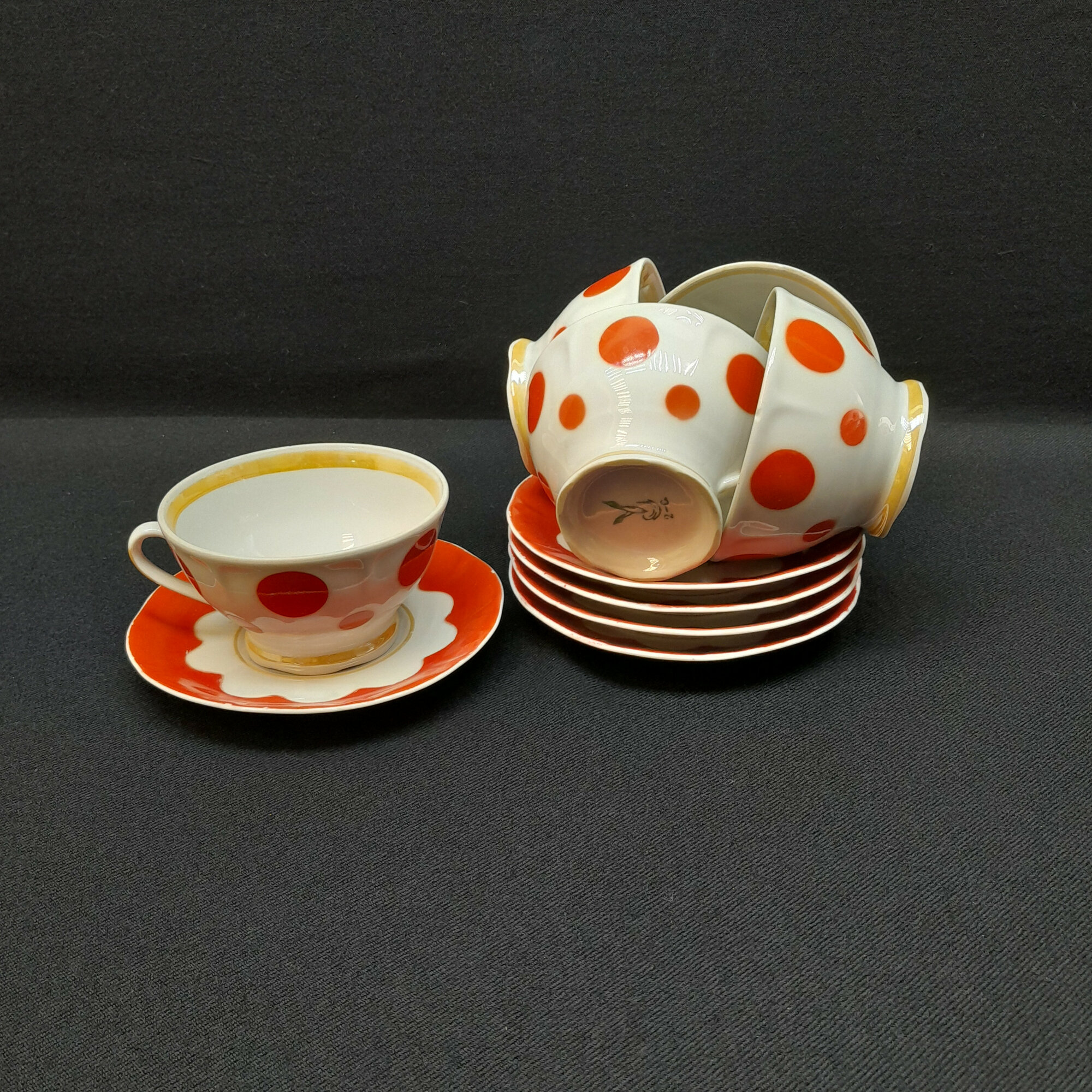 Набор чайных пар 5 шт, Светловодский ФЗ, фарфор, крытье, люстр, 200 мл. Винтаж, СССР.