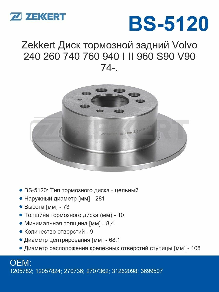 Zekkert Диск тормозной задний Volvo 240 260 740 760 940 I II 960 S90 V90 74-.