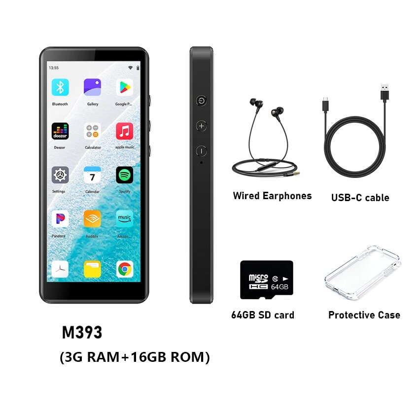 Музыкальный плеер Android 13.0 с Wi-Fi, Bluetooth 5.0, сенсорным экраном, 16 ГБ M393 Pro with 64gb
