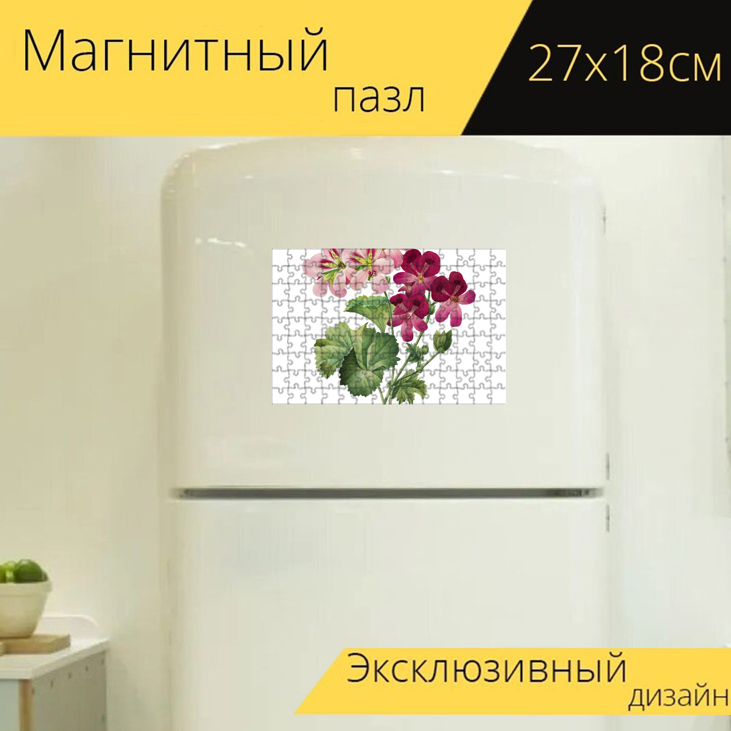 Магнитный пазл "Цветочная герань винтажное искусство Цветок герань с розовыми красными лепестками винтаж клипарт с прозрачным фоном png наклейка старое." на холодильник 27 x 18 см.