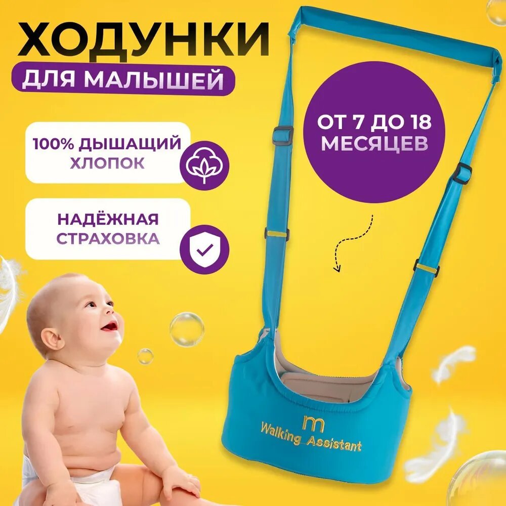 Вожжи для детей "первые шаги" для поддержки и безопасности малышей при ходьбе, детский поводок, ходунки, прыгунки, страховка, синий, Universal-Sale