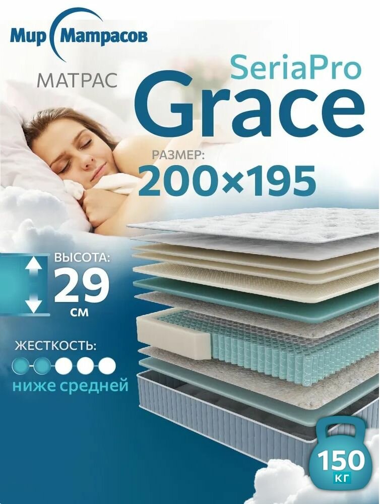 Анатомический матрас, Ортопедический матрас 200х195 см Seria Pro Grace, Независимые пружины