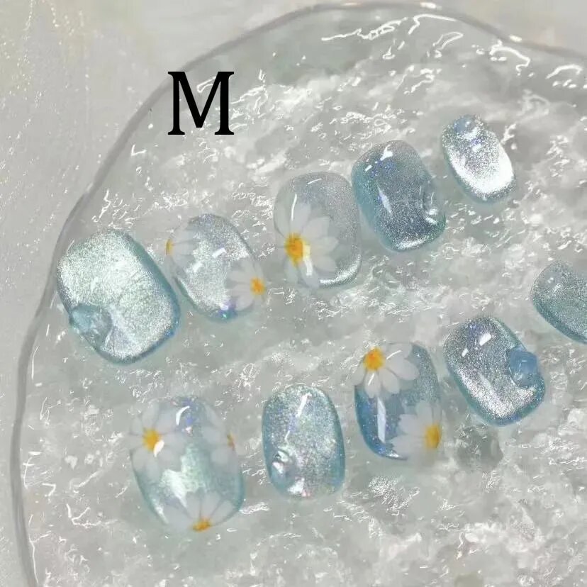 10 штук накладных ногтей ручной работы Daisy Fresh, синие, кошачий глаз, блестящие, съемные, многоразовые