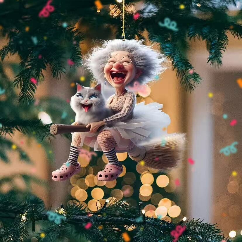 Новогодняя подвеска "Веселая бабушка на метле с котом2 шт.