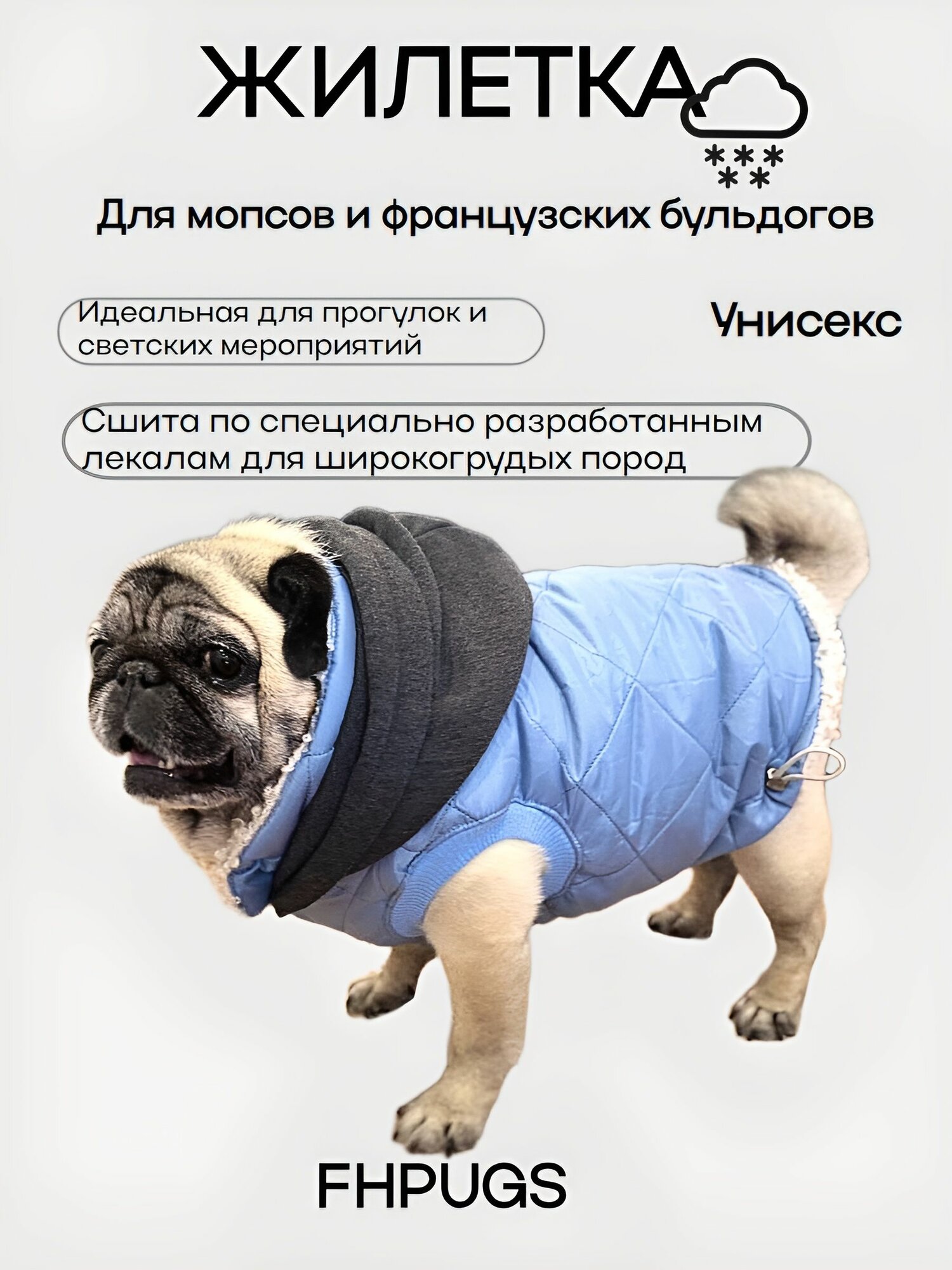 Жилет-куртка зимний для собак, размер M, голубой, для мопсов и французских бульдогов, с капюшоном, на меху