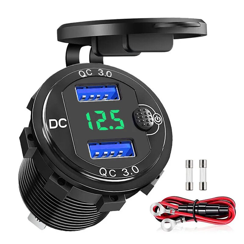 Автомобильное Зарядное USB QC3.0 с Вольтметром, Green with wire