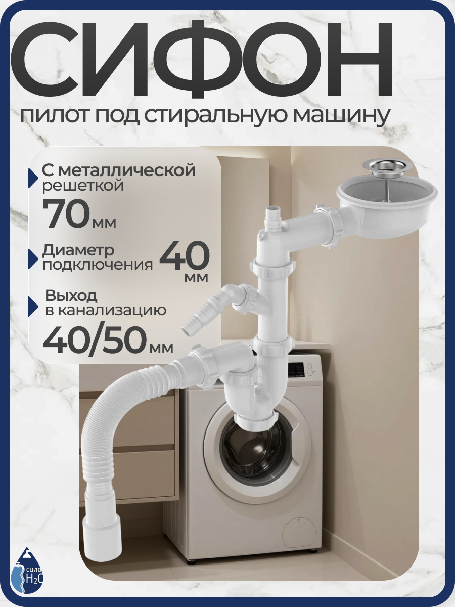 Сифон для раковины плоский под стиральную машину, с металлическая решетка 70 мм, гидрозатвор 40х40/50