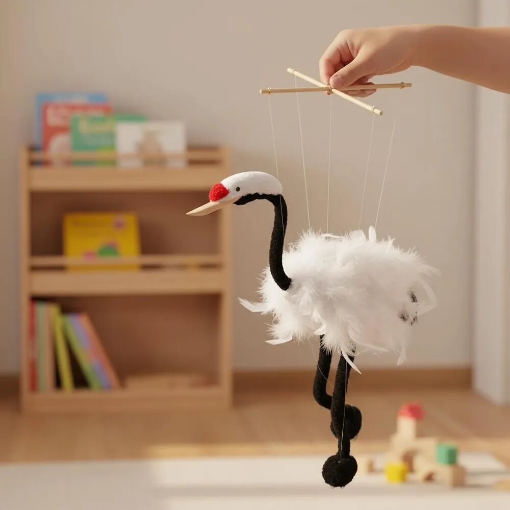 Деревянная марионетка журавль с нитями и мягким оперением для театральных постановок