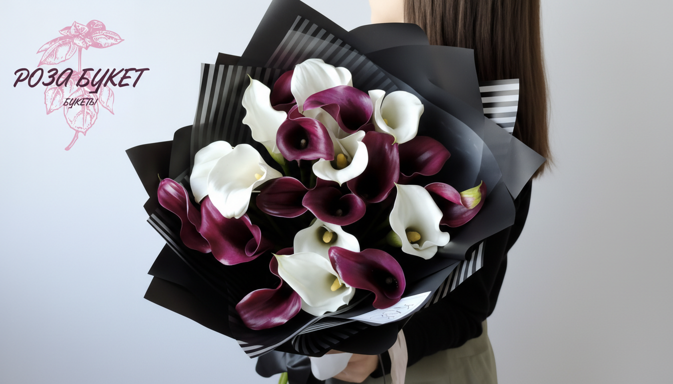 Букет цветов Калл 29 штук, белый и черный, премиум букет, долгий букет, долго стоящие цветы