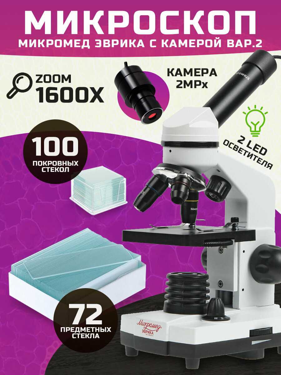 Микроскоп Микромед "Эврика" 40x-1600x, с видеоокуляром и набором предметных и покровных стекл