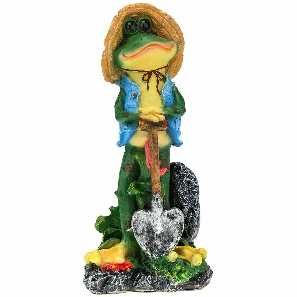 Скульптура-фигура для сада Домашняя Мода из полистоуна "Лягушонок-садовник с лопатой" 14х10х33 см (F1049)