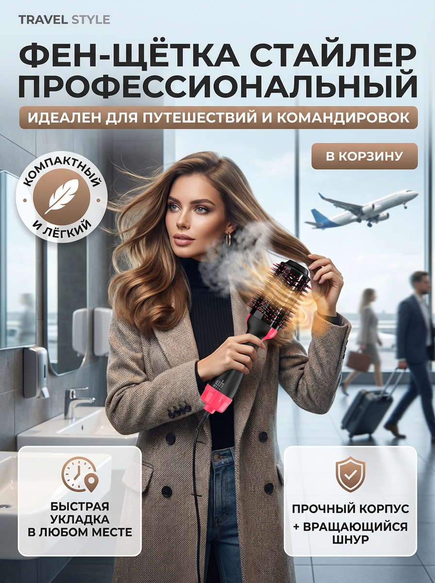 Фен-щетка для волос 3 в 1, Термощетка, Выпрямитель для волос, Стайлер, Расческа