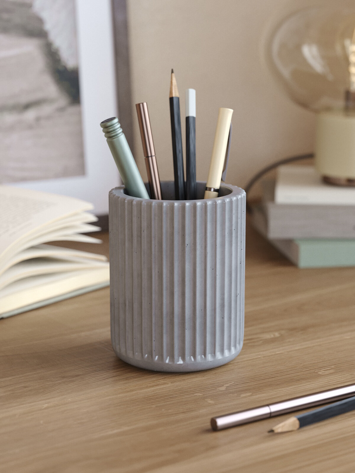 Стакан канцелярский Chloe, подставка для ручек и карандашей, 11х9х9 см, бетон, серый глянцевый