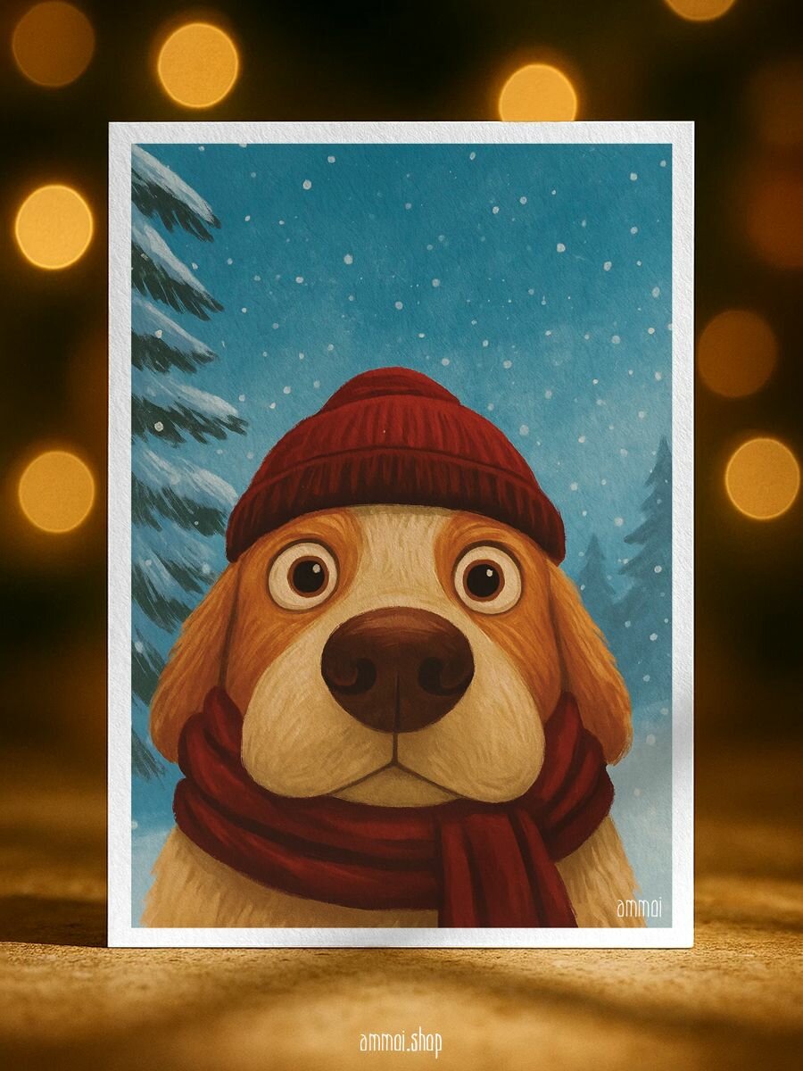 Авторская открытка Am.moi Спаниель в красной шапке 14,8 10,5 см (А6) с конвертом, фотобумага 300 г/м