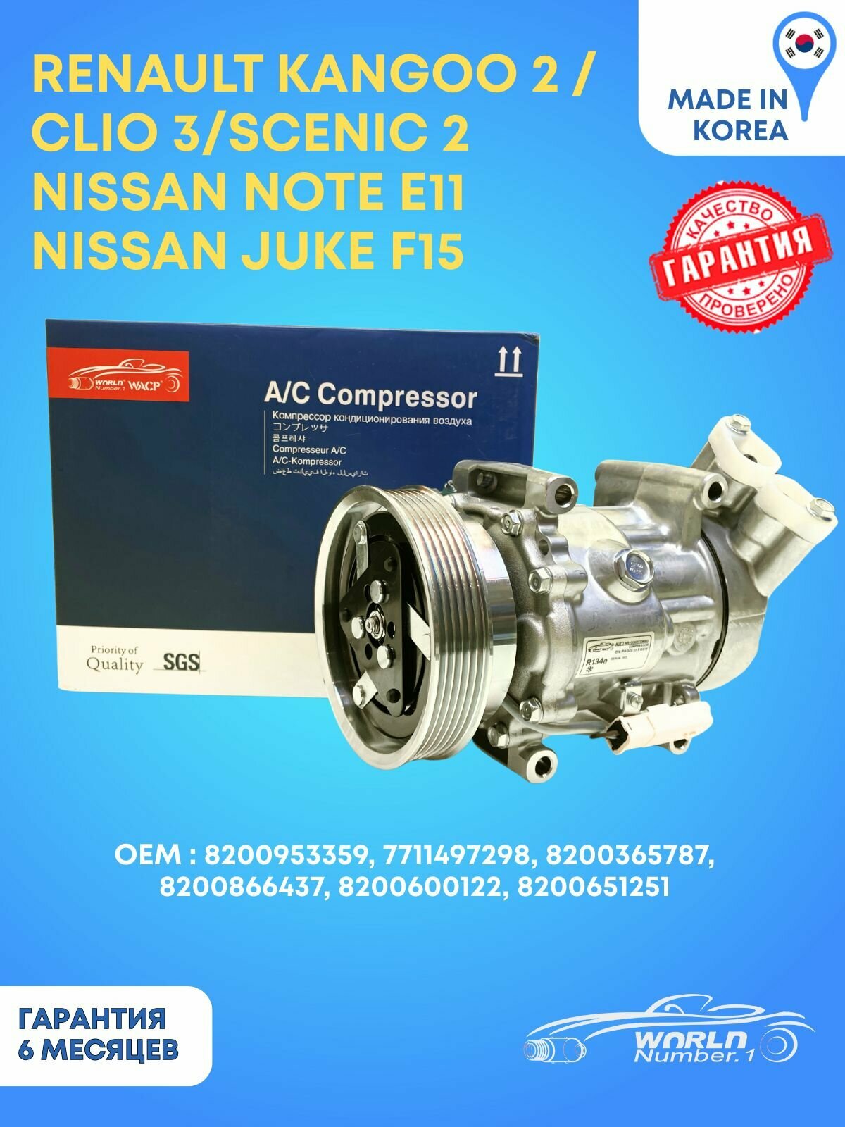 Компрессор кондиционера Nissan Note E11 / Juke F15 / Renault Kangoo 2, Clio 3, Scenic 2.