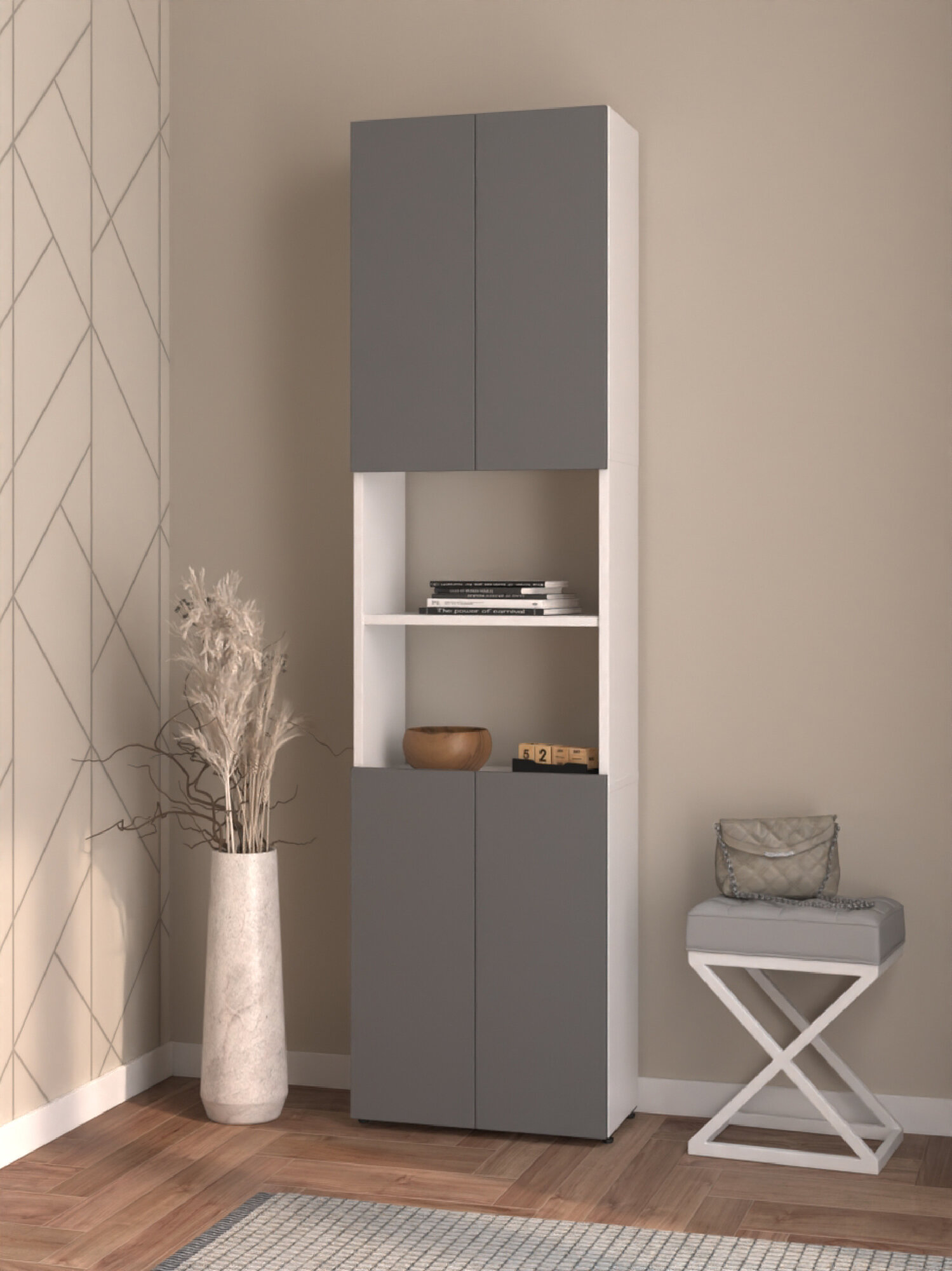 Шкаф-стеллаж "Milkstone", универсальный, ЛДСП, минимализм, белый-графит, 5 полок, 168х44х24 см