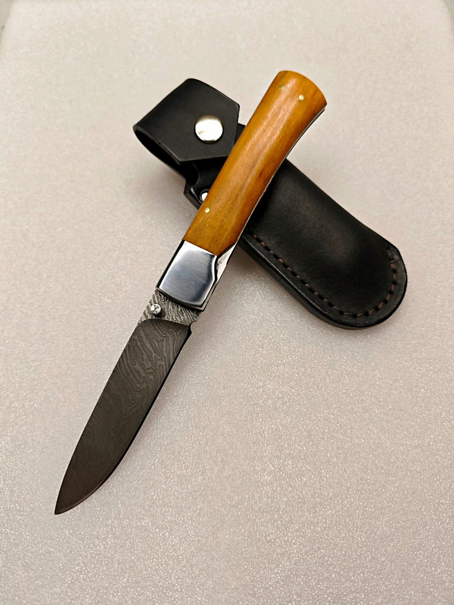 Нож складной Граф Дамасская сталь длина 23 см ручная работа ножны натуральная кожа в комплекте