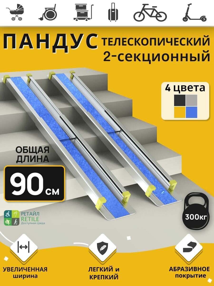 Пандус 90 см телескопический 2-секционный Антислип, синий (рабочая длина 80 см + 2 опор. площадки по 5 см)