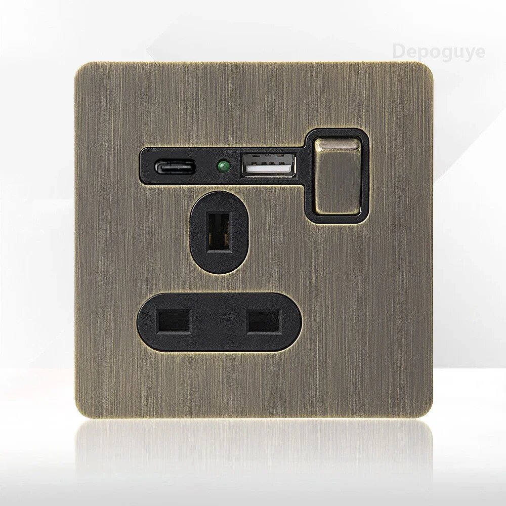 Металлический настенный выключатель и розетка Depo Guye, бронзовый 1Gang 13A USB C