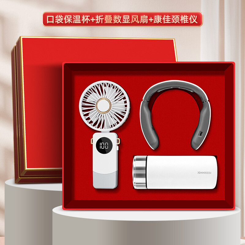 Бизнес-подарок: набор массажера для шеи Konka, фена и термоса, корпоративный подарок для клиентов с индивидуальным логотипом