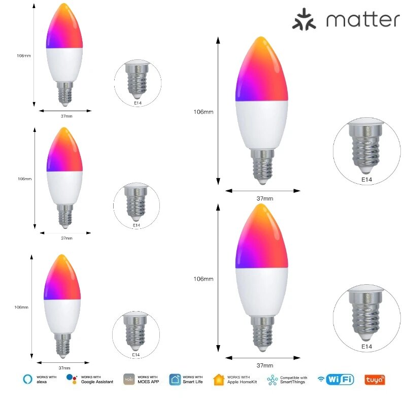 MOES Tuya Matter RGB Светодиодная лампа E14 E14 Candle lamp 5PCS
